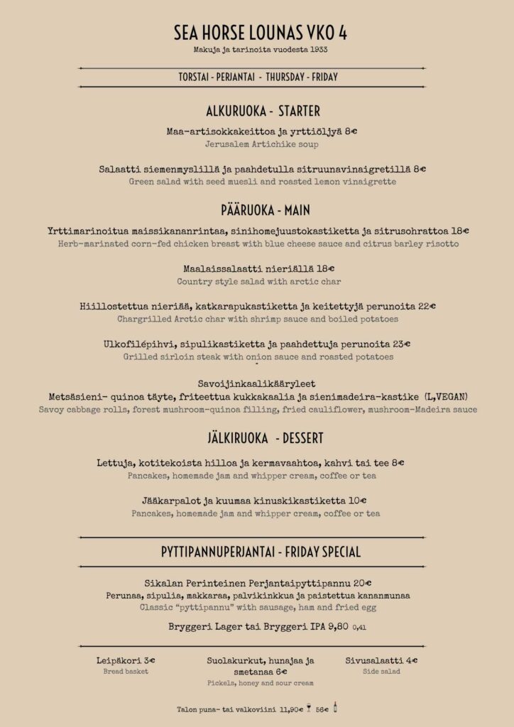 Lounas Helsingissä – Sea Horse klassikkoannokset ja vaihtuva lounasmenu